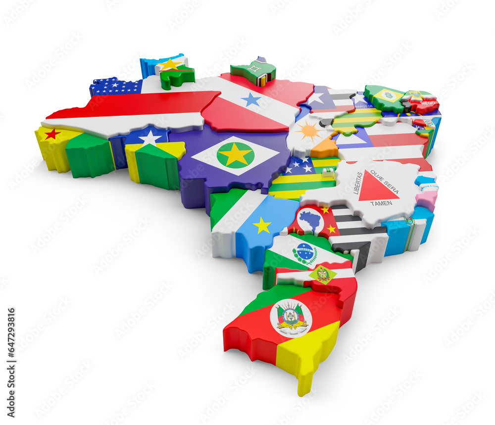 Isometric map with flags of the states of Brazil on transparent ...