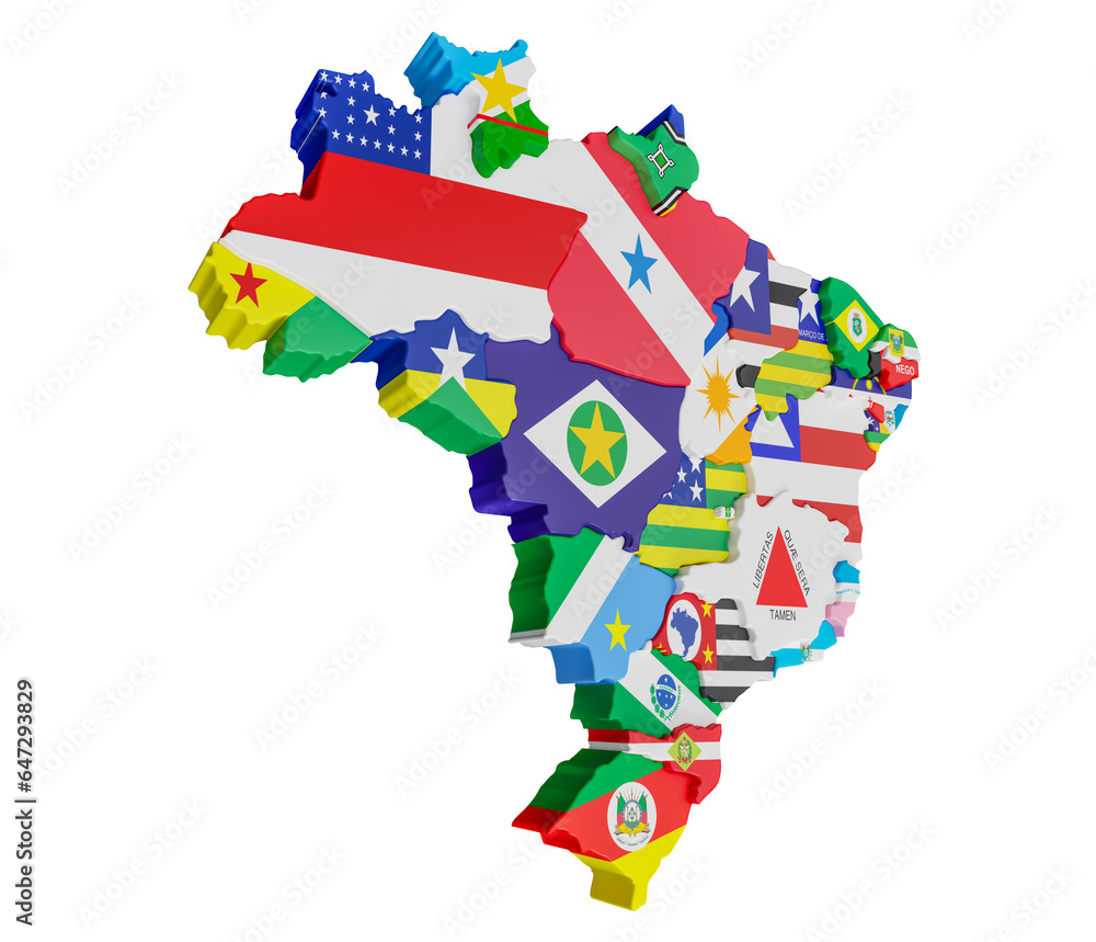 Isometric map with flags of the states of Brazil on transparent ...