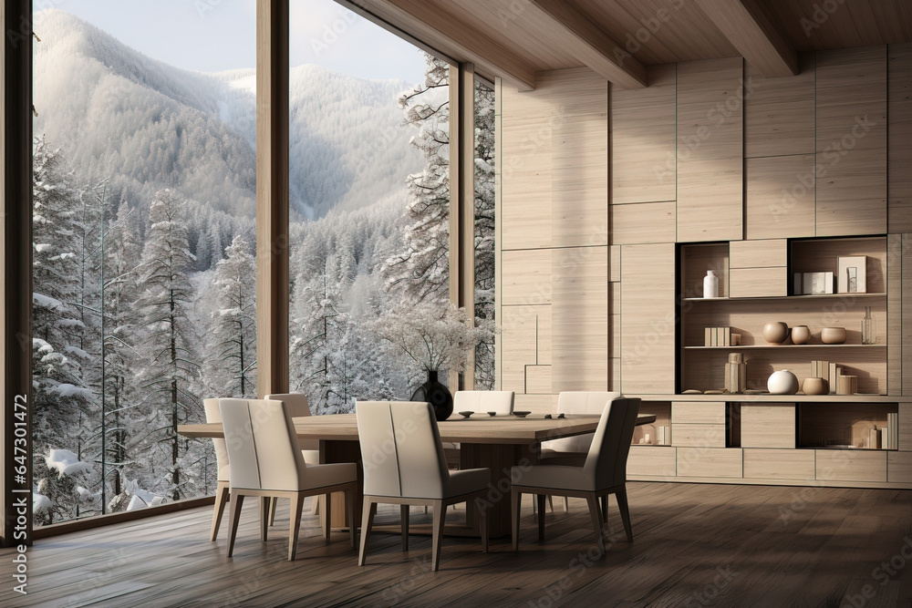 big open space dining room with tall windows view a snowy mountain view ...