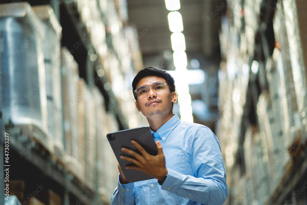 Asian Chief Engineer checking product details and supplies on shelf ...