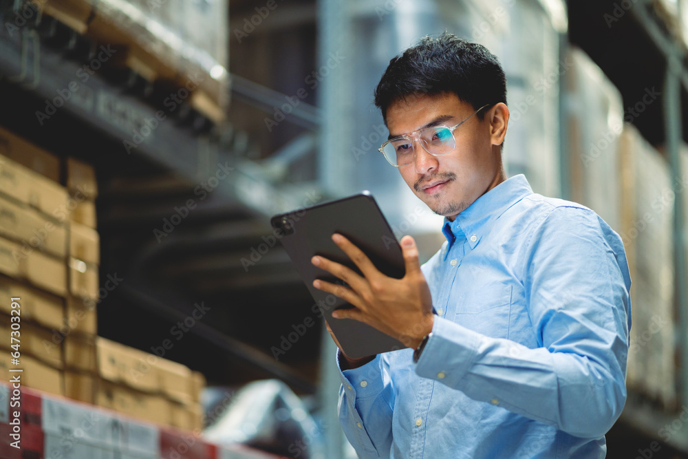 Portrait of Asian Chief Engineer checking product details and supplies ...