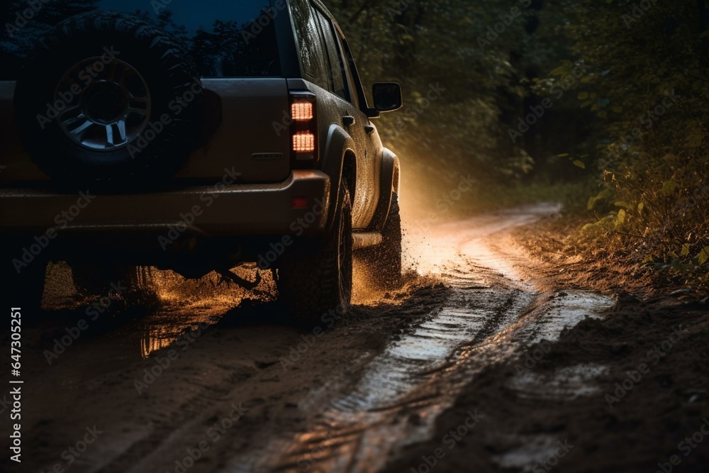 A segment of a vehicle on a rugged pathway illuminated by a pleasant ...
