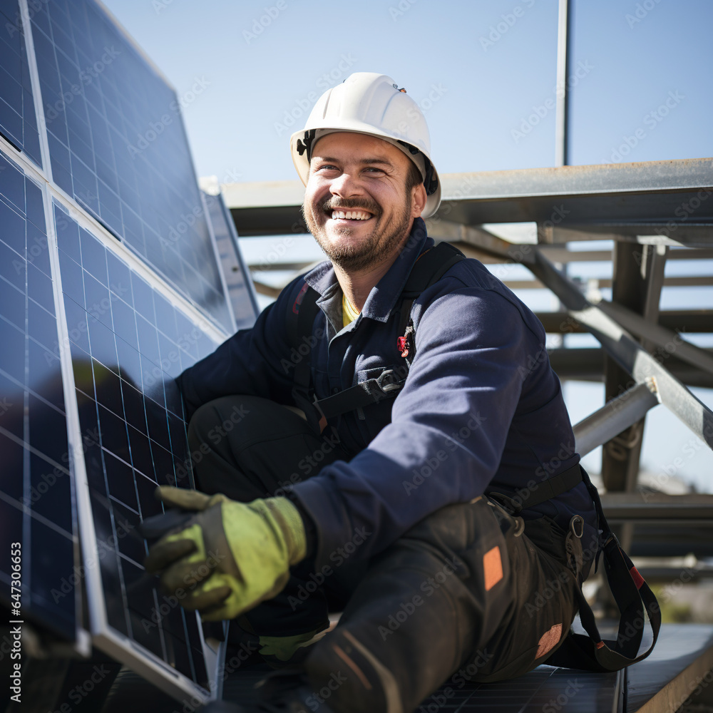 Solar power engineer installing solar panels, on the roof, electrical ...