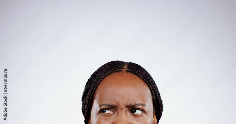 Confused, eyes and thinking face of woman with doubt, question or mind ...