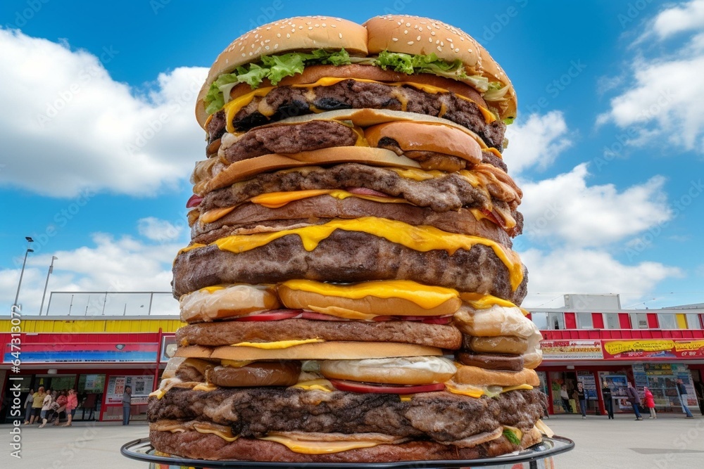 Huge stack of burgers that forms a towering structure. Generative AI ...