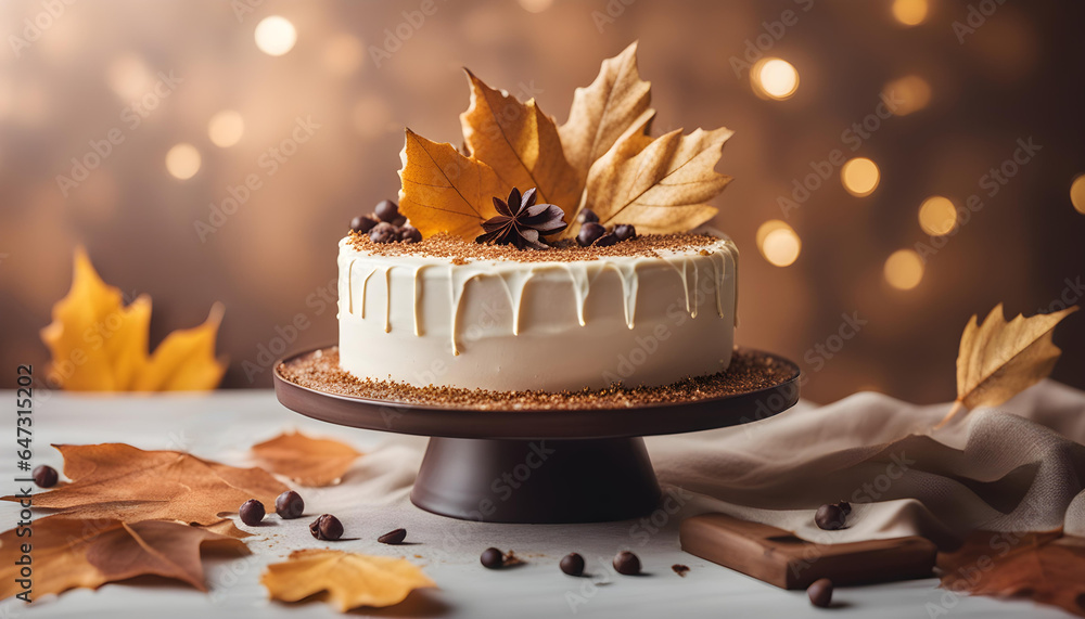 Autumn birthday cake with white chocolate and cream frosting, golden ...