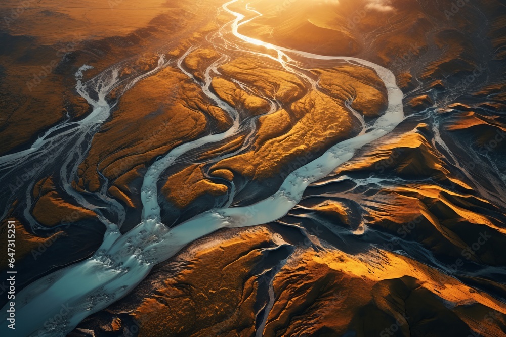 A glacial rivers from above. Aerial photograph of the river streams ...