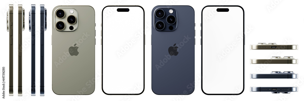 iPhone 15 pro 3d render in natural titanium and blue titanium color ...