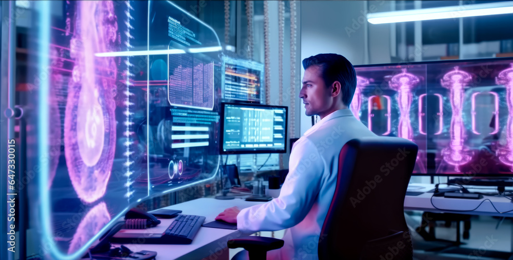 medical technology control room with genetic data storage. scientist ...