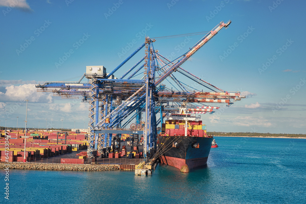 Container ship at industrial port in import export business logistic ...
