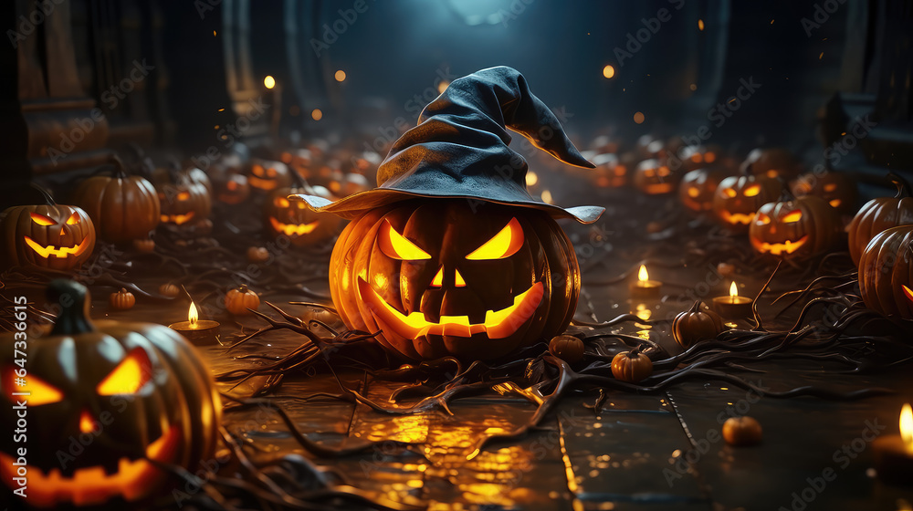 Evil Halloween pumpkins, each carved with unique, sinister expressions ...