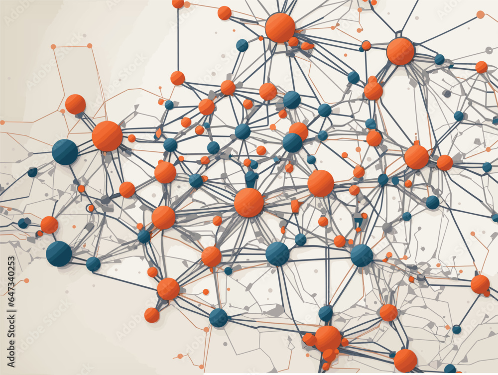 Create a detailed vector illustration of a complex network of nodes ...