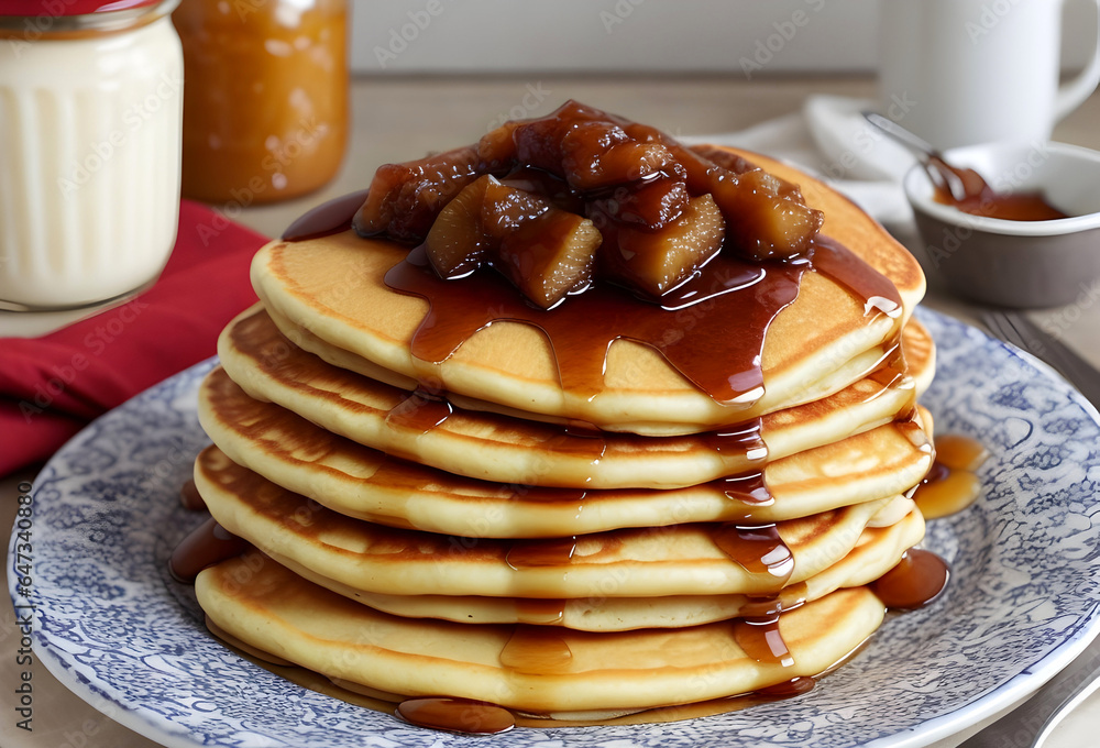 Pile of fresh baked pancakes covered with fig jam and slices of fig ...