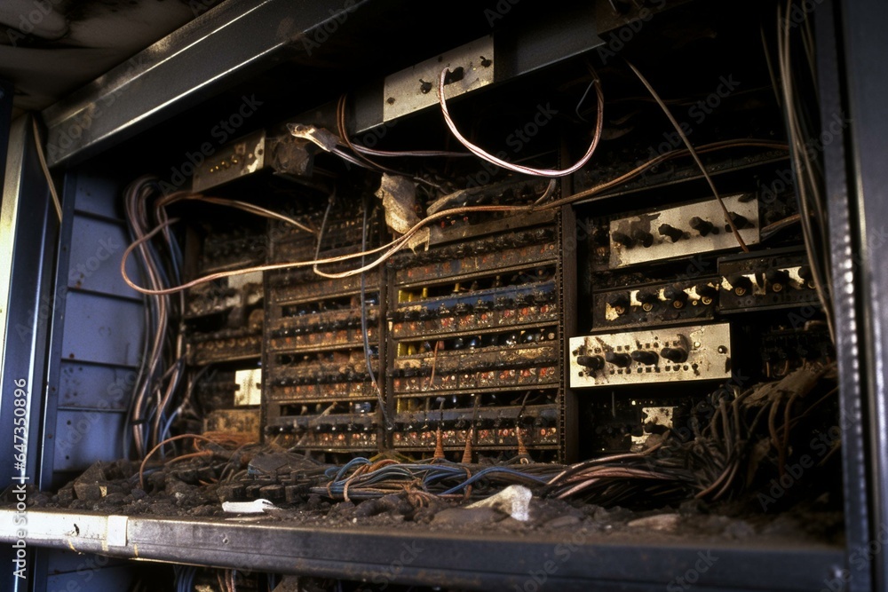 Burning switchboard with potential fire risk due to overloaded fuse box ...