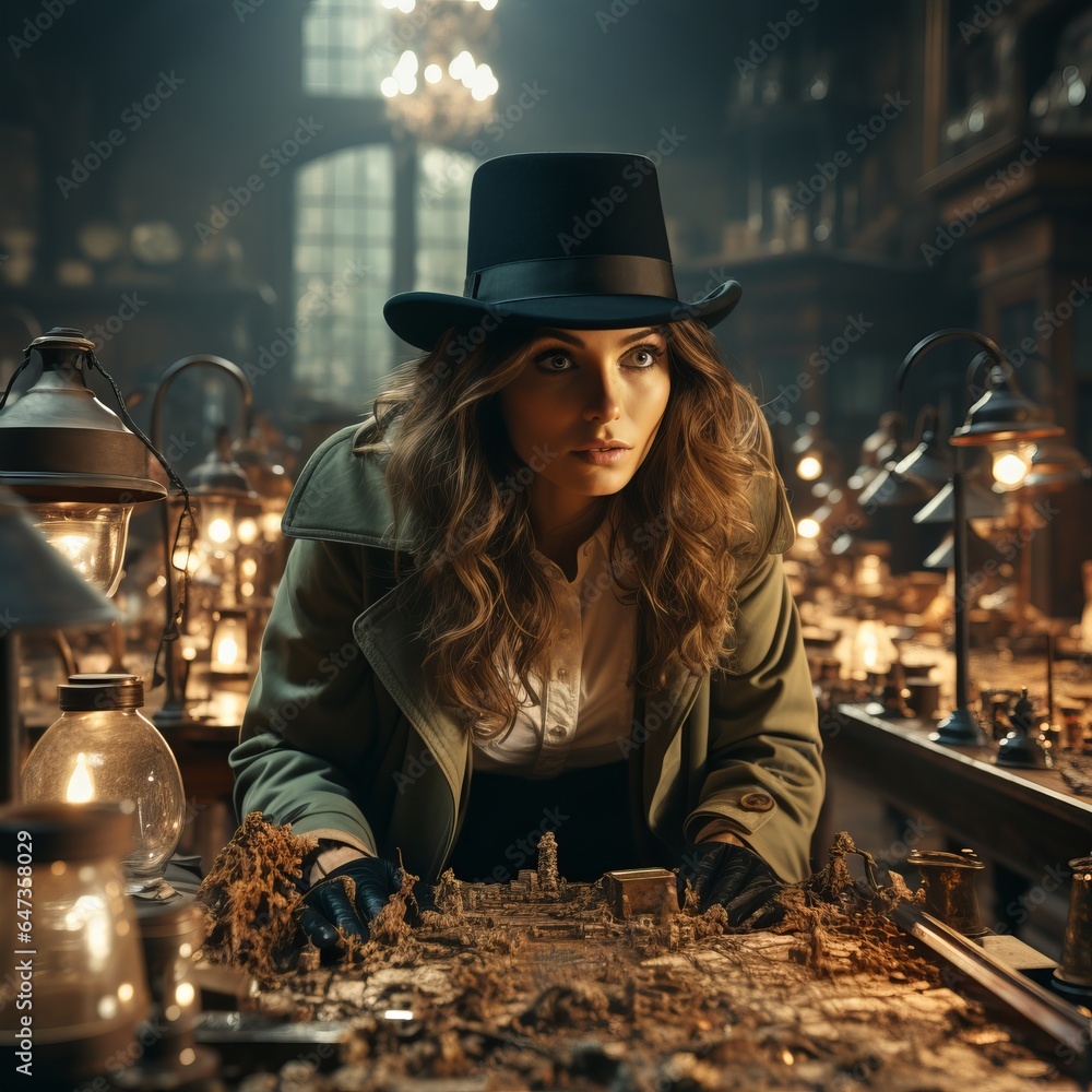 The girl detective is watching. Beautiful woman in a hat and coat looks ...