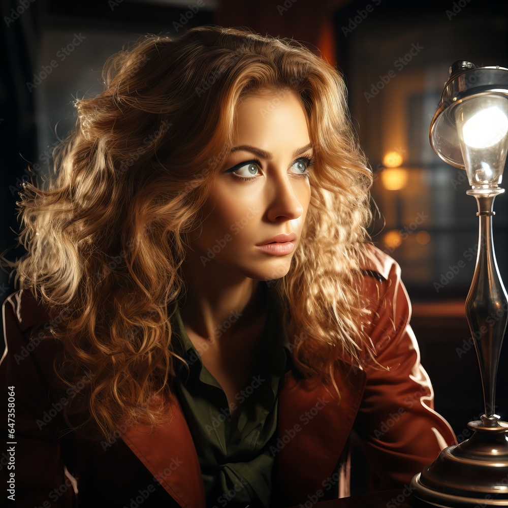 The girl detective is watching. Beautiful woman in a hat and coat looks ...