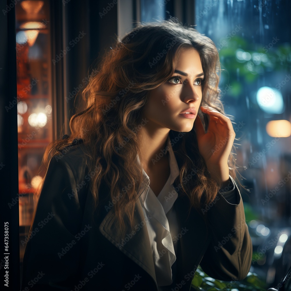 The girl detective is watching. Beautiful woman in a hat and coat looks ...