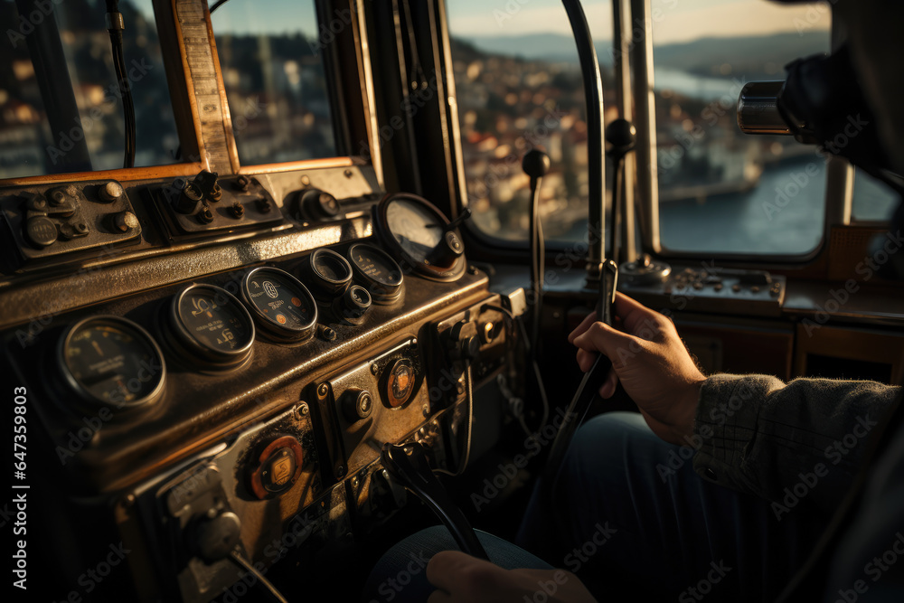 A close-up of a person's hand operating a historic cable car, a mode of ...