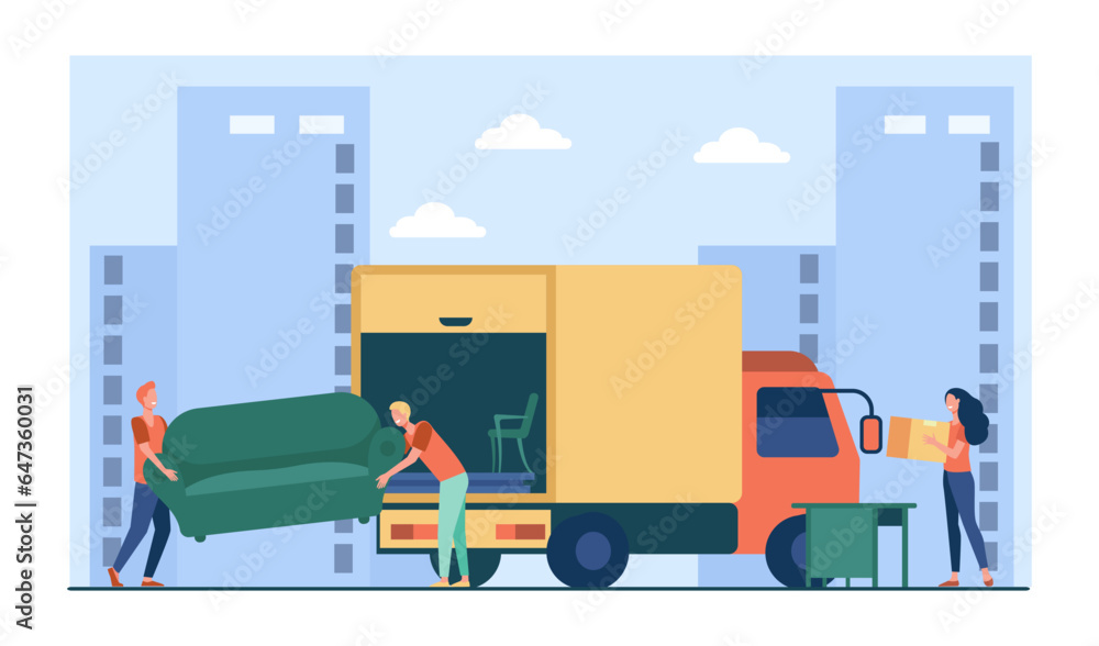 Movers carrying sofa to truck vector illustration. People loading ...