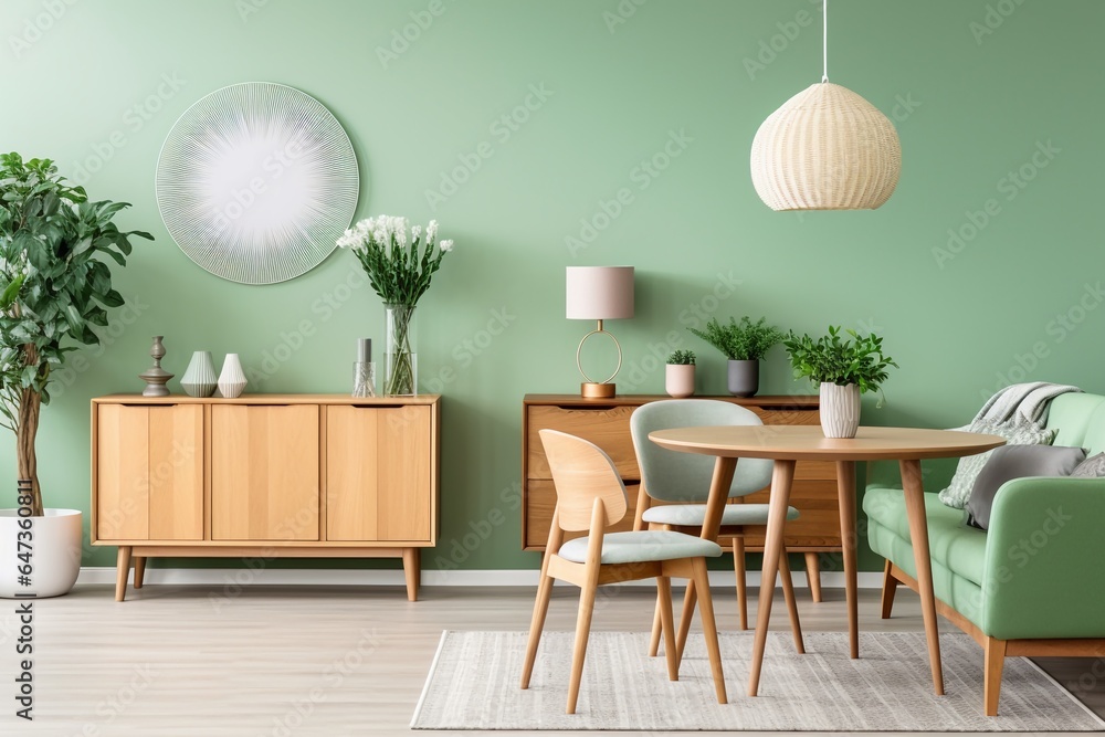 Mint color chairs at round wooden dining table in dining room with ...