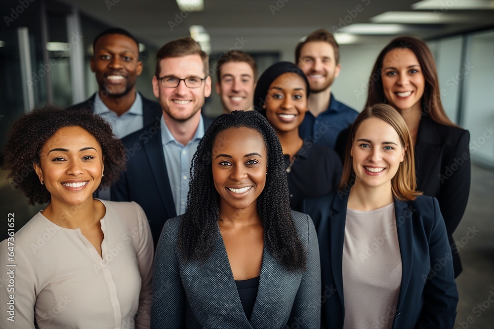 A multicultural business team beams with smiles as they face the camera ...