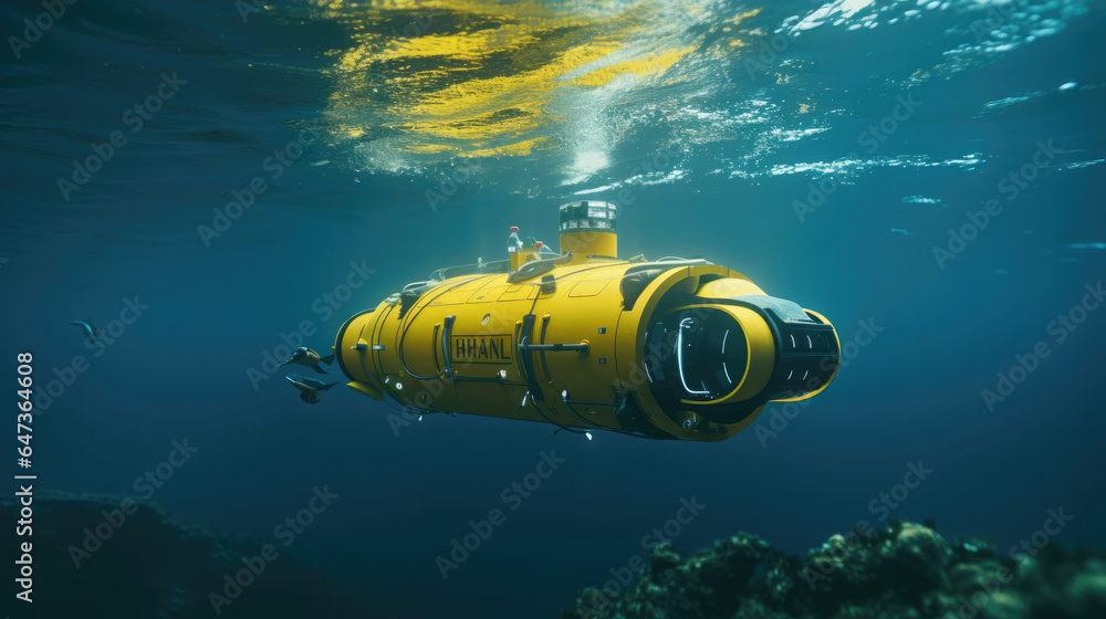 An autonomous underwater vehicle exploring the depths of the ocean and ...