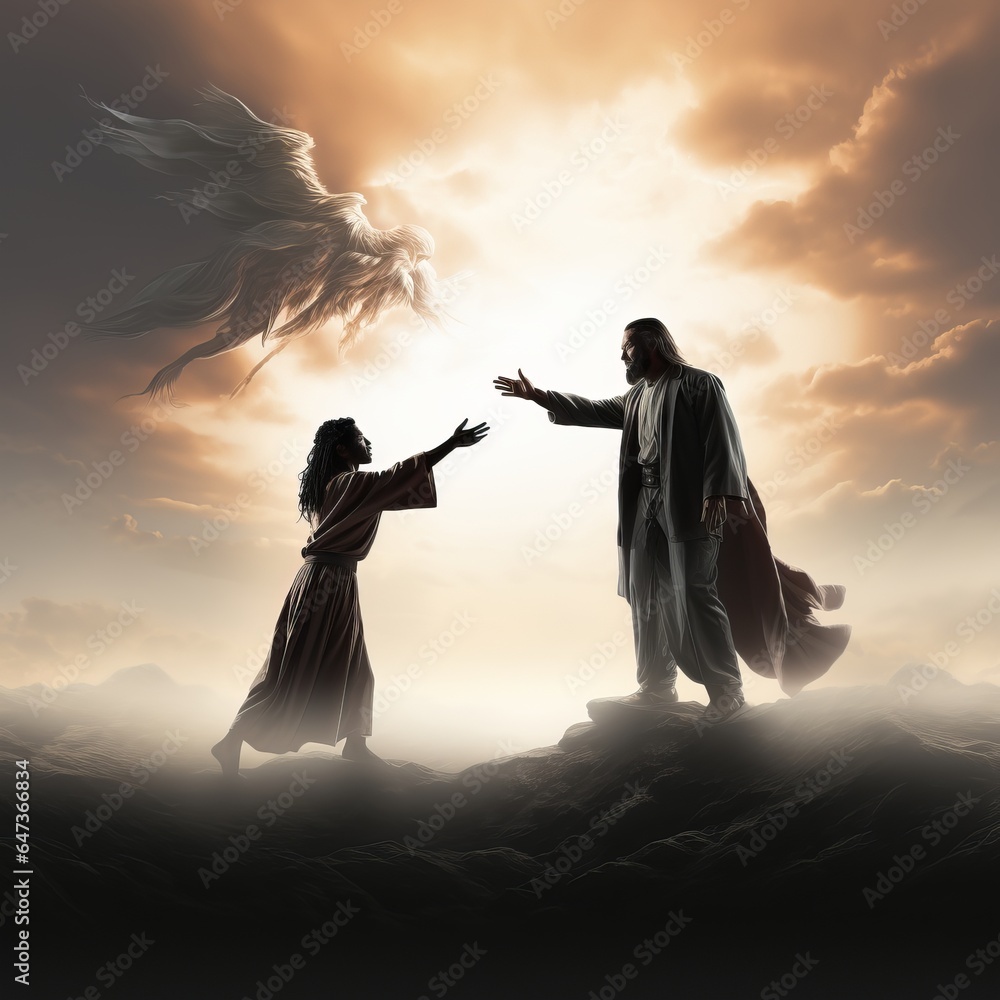 Religious scene, guardian angel helps a man by stretching out his hands ...