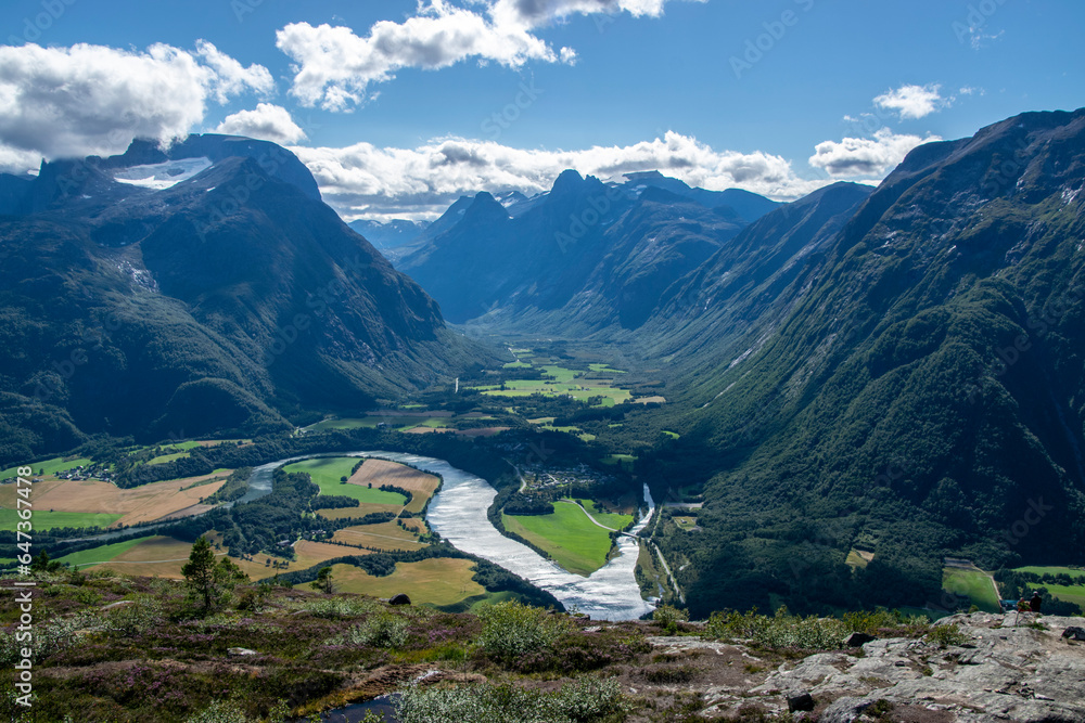 Åndalsnes, view on Romsdal mountains and the emerald green Rauma river ...