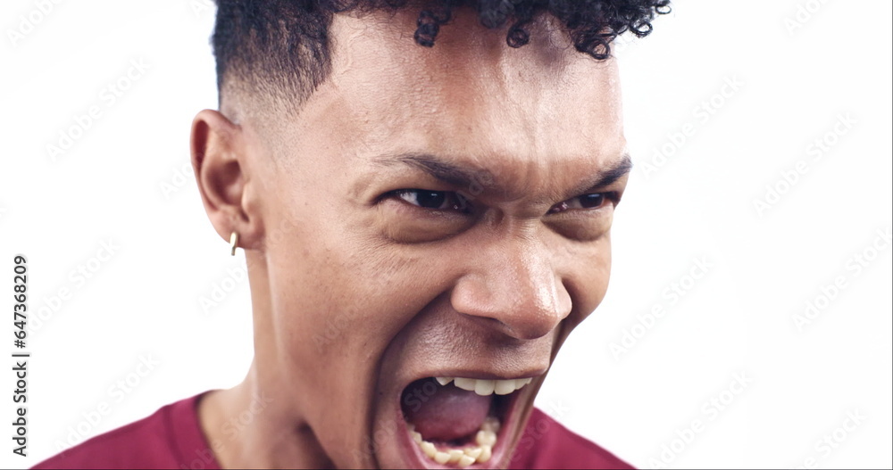 Angry, screaming and face of man on a white background for emotions ...