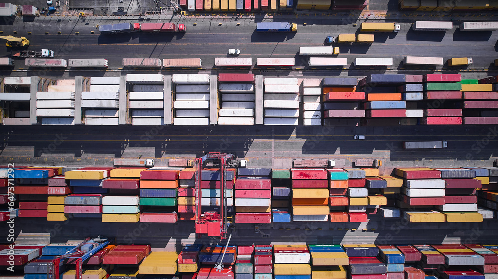 Stacked cargo containers top down aerial view. Containers at logistics ...