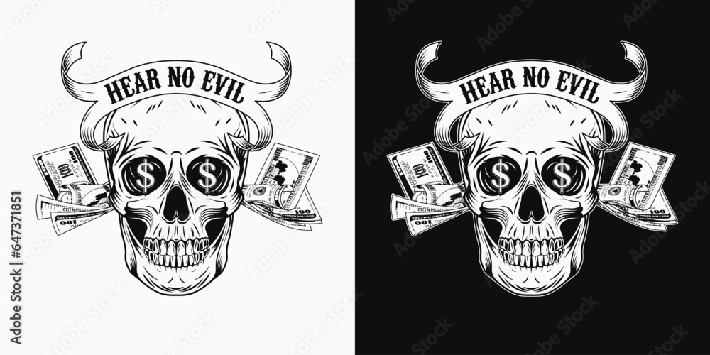 Label with skull, money, fan of 100 dollar bills, dollar sign, vintage ...