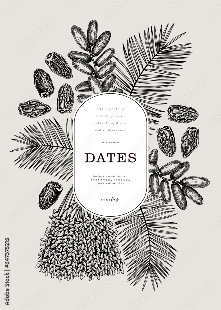 Date fruits frame design. Hand drawn vector illustration. Dates, palm ...