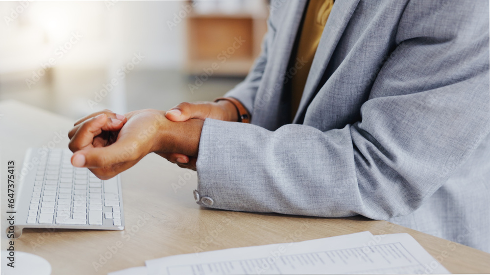 Hands of business man with problem, carpal tunnel syndrome or sore ...