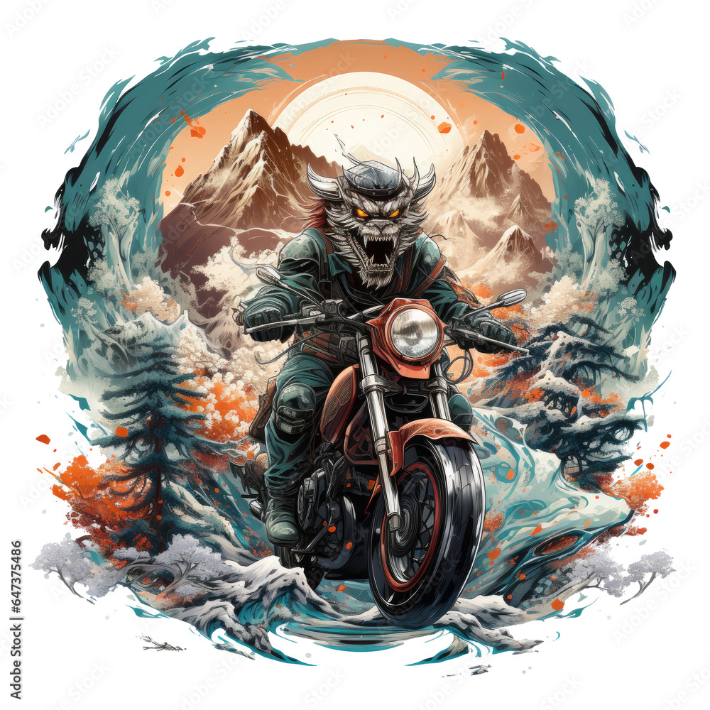 An epic motarsaikal biker t-shirt design set in a mythical world of ...