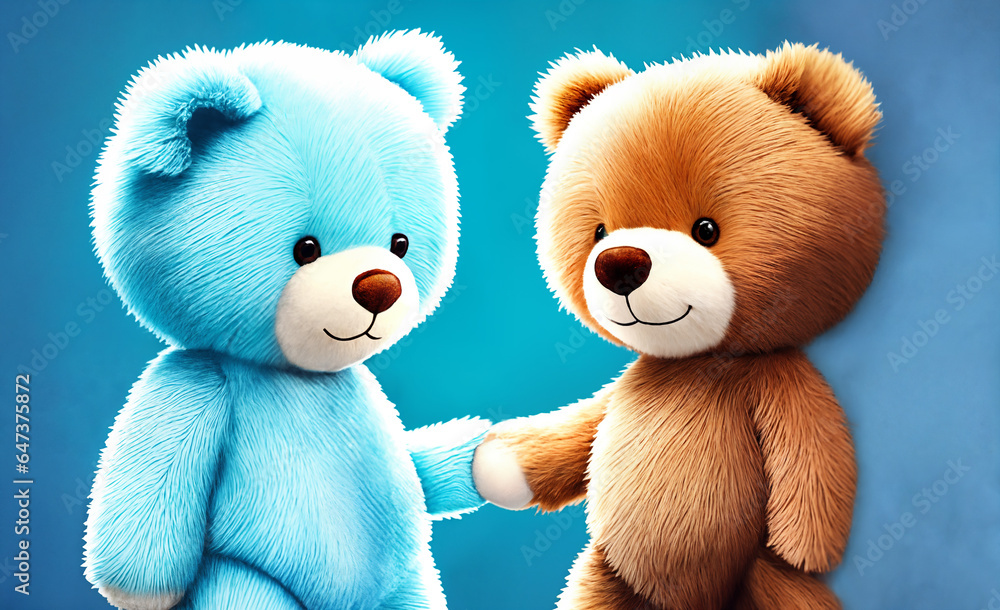 Two teddy bears standing side by side, holding hands, facing each other ...