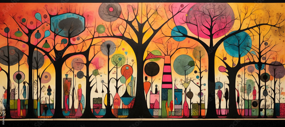 Concept: Chromatic bonds with the forest. Colorful and diverse group of ...