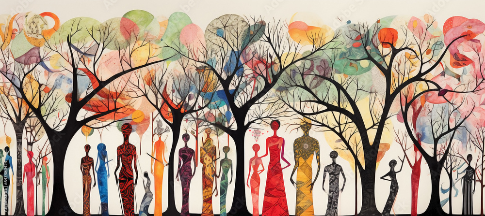 Colorful and diverse group of trees with different and unrecognizable ...