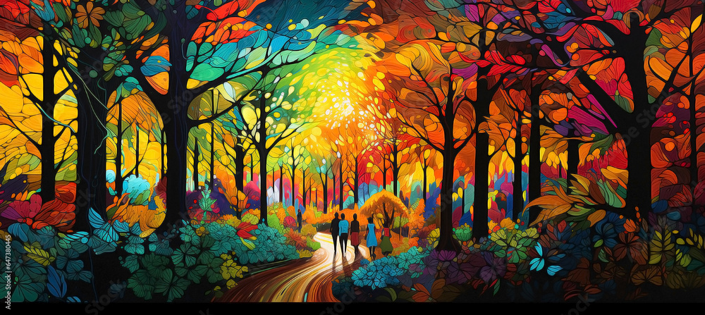 Colorful and diverse group of trees with different and unrecognizable ...