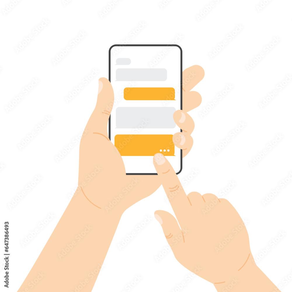 Hand holding phone with chat messages on a screen. Speech bubbles boxes ...