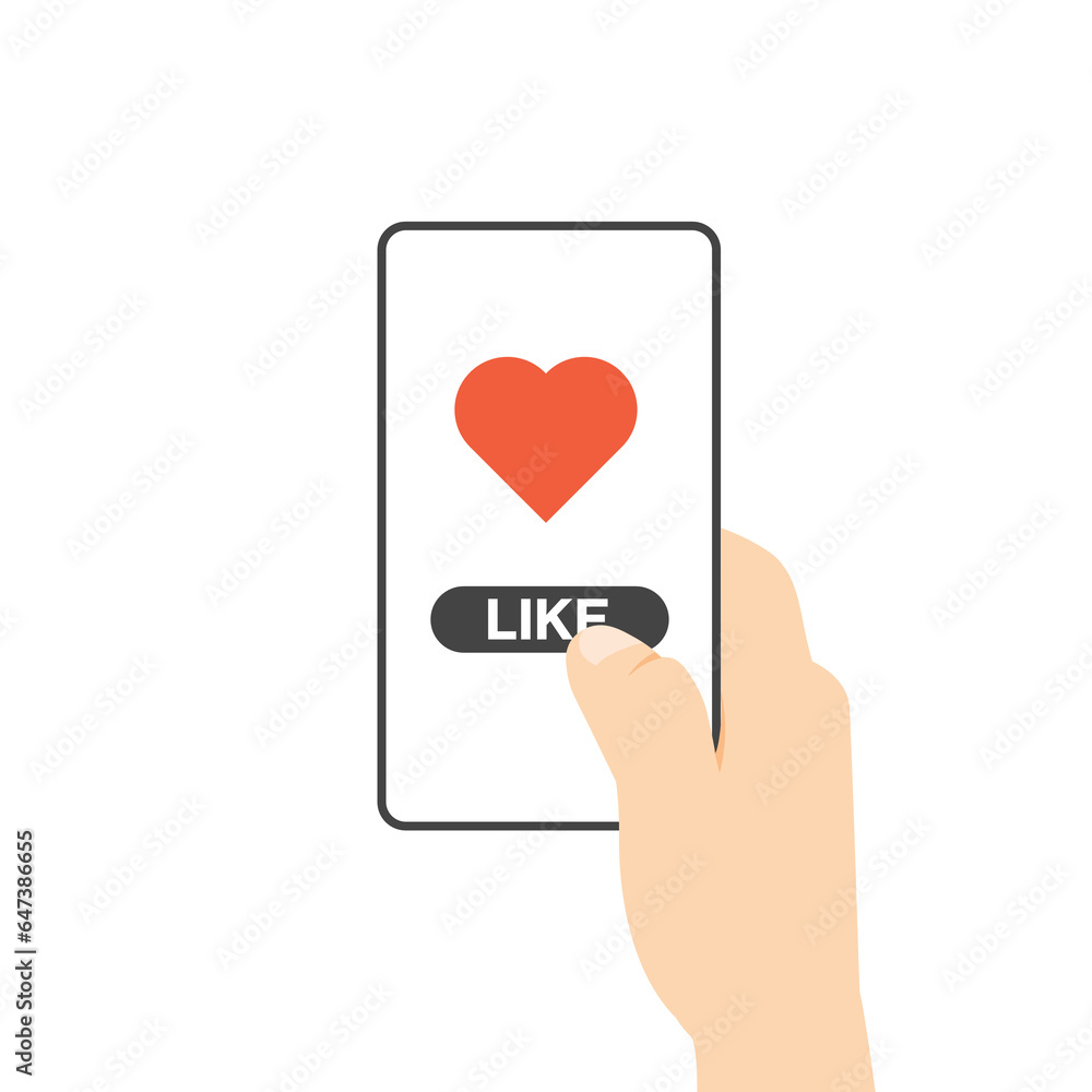 Hand holds smartphone and press like button. Likes notification icon ...