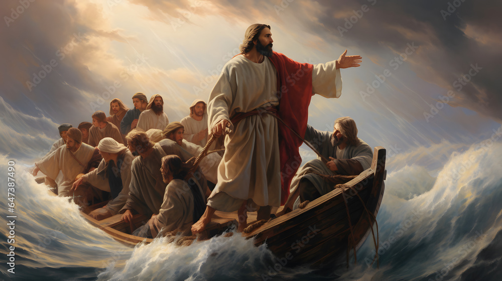 Jesus Christ on the boat calms the storm at sea. Stock Photo | Adobe Stock