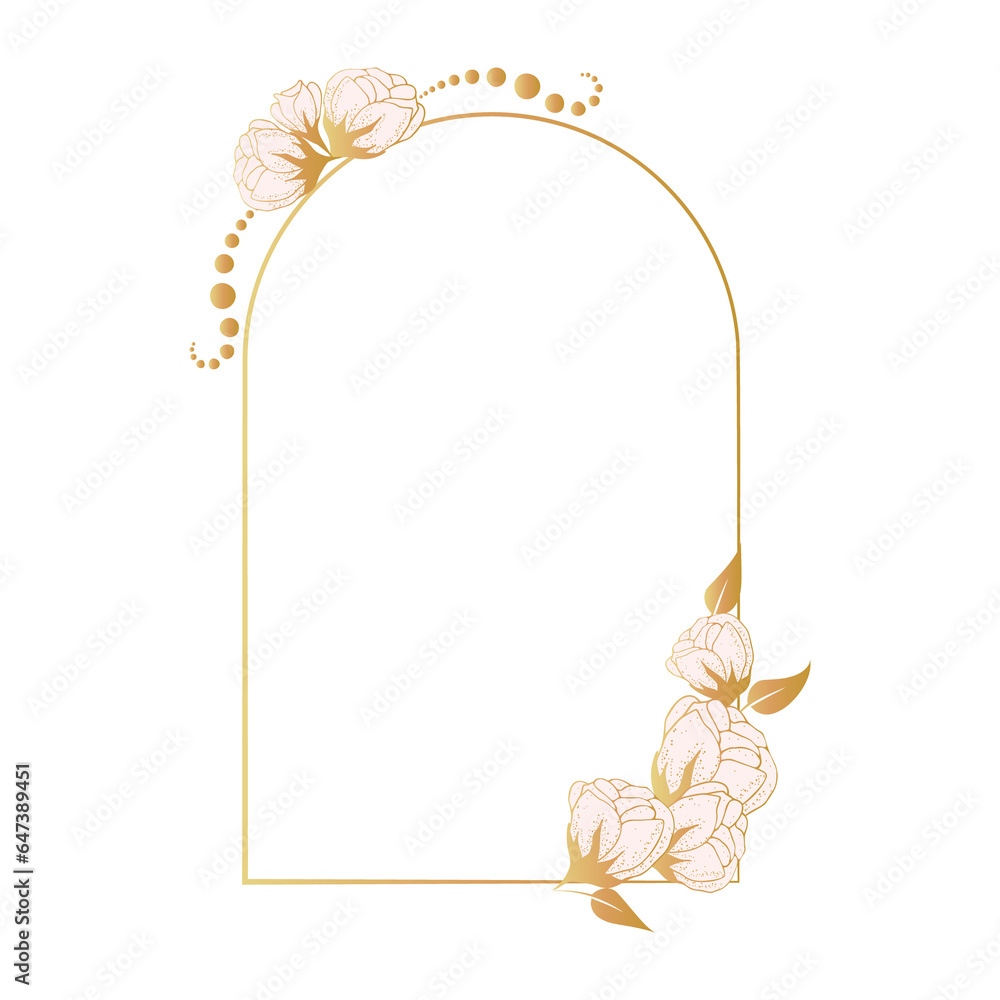 Arch frame with golden roses on a transparent background. Calligraphic ...