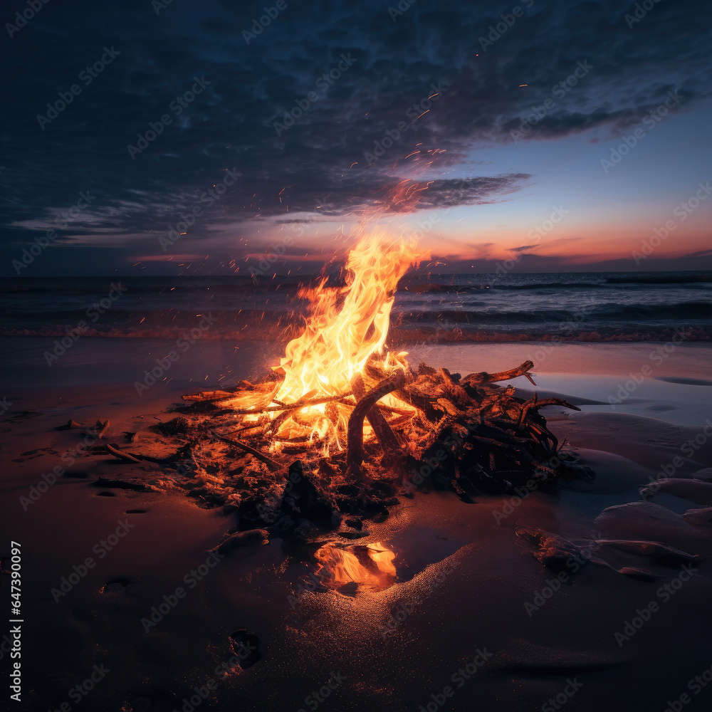 beautiful bonfire in the middle of a beach at night in high definition ...