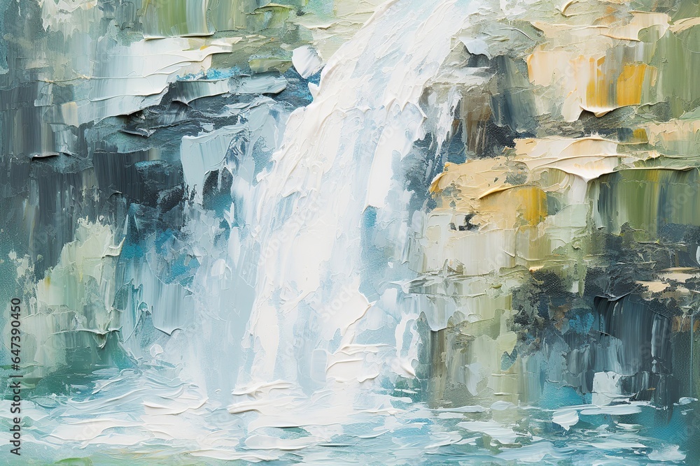 Acrylic landscape waterfall painting with textured palette knife ...