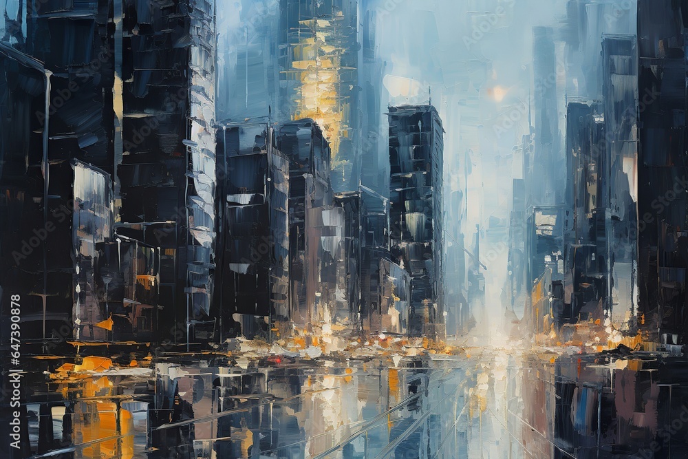 Abstract cityscape painting featuring buildings, crafted with a palette ...