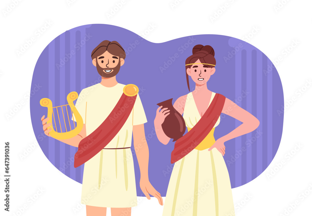 People greeks concept. Man and woman with amphora and harp. History ...