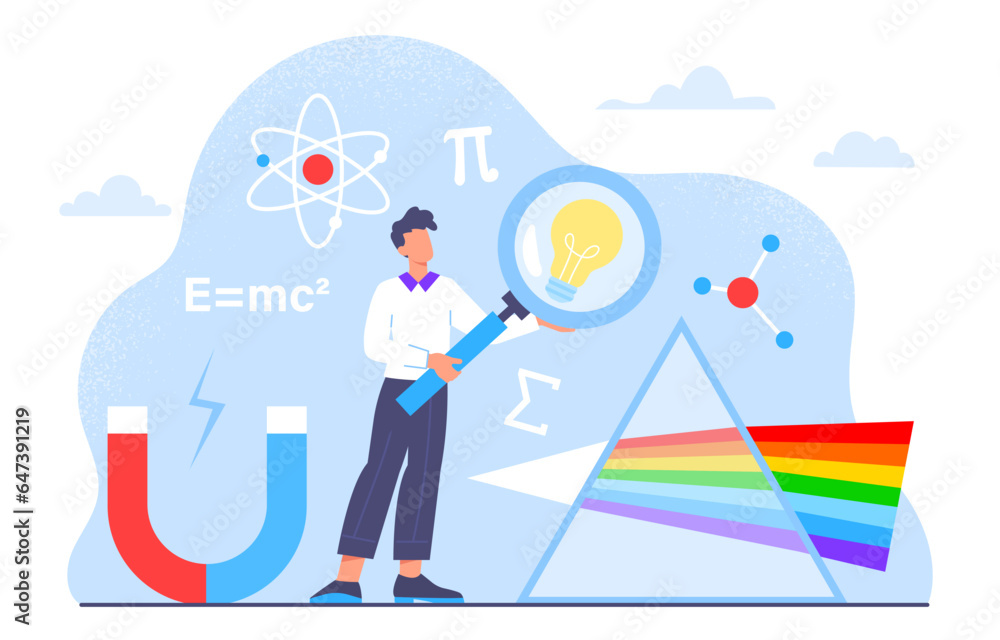 Man with physics concept. Young guy with magnifying glass near magnet ...
