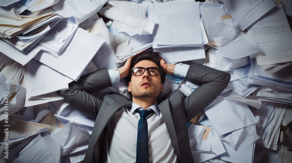 Occupation concept. The Accountant was lying on the floor with pile of ... Occupation concept. The Accountant was lying on the floor with pile of ...