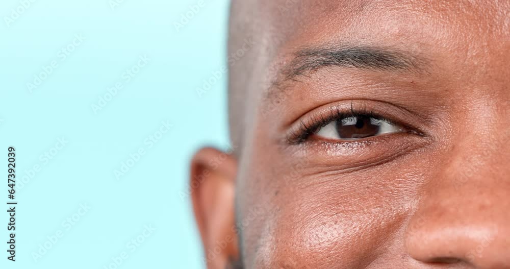Eye, closeup and face of black man with vision, contact lenses or ...