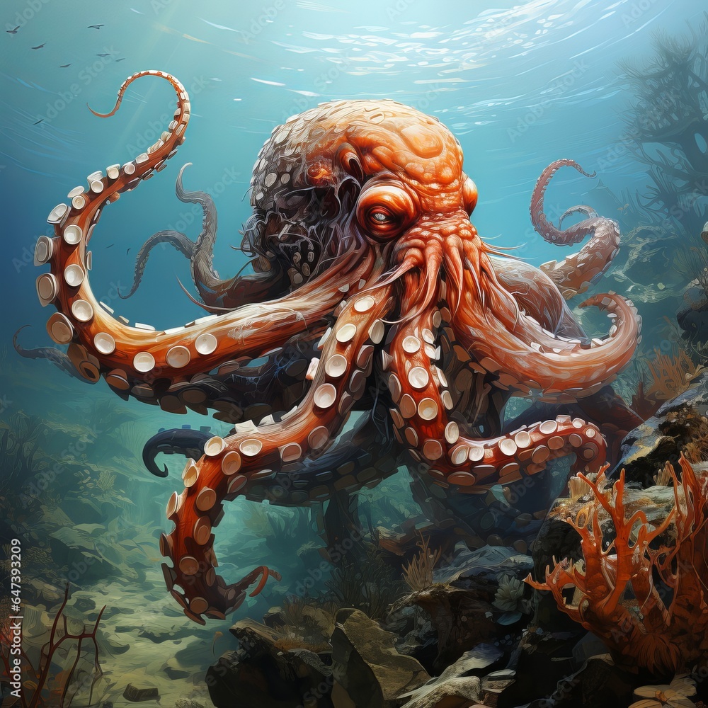 Octopus on a plain background, a terrifying animal with tentacles and ...